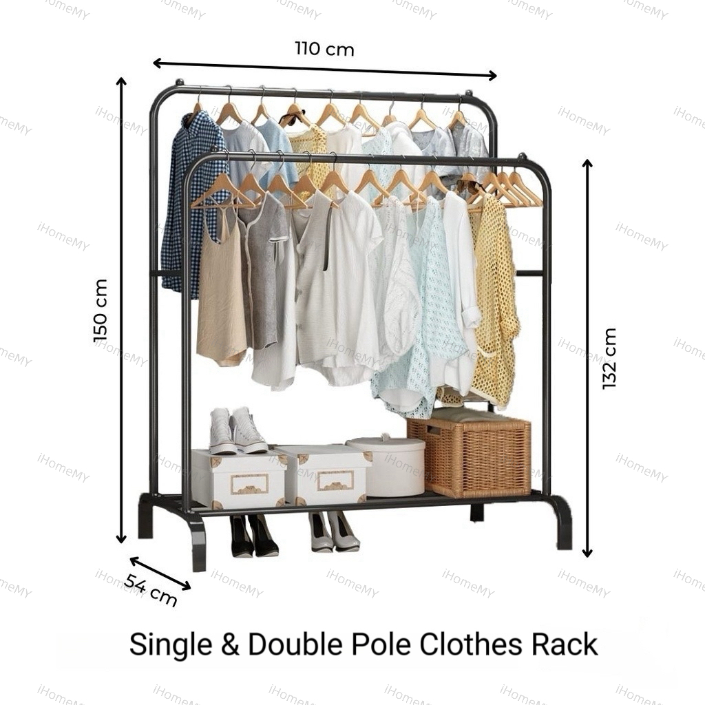 Double Pole Steel Cloth Hanger And Organizer Rack Wheel Penyangkut Baju ...