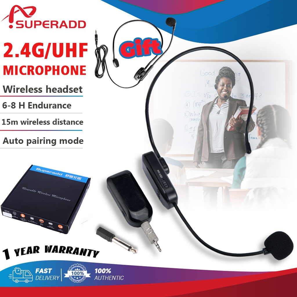 【Ready stock】2 in 1 Head Microphone Wireless Headset Microphone UHF Mic ...