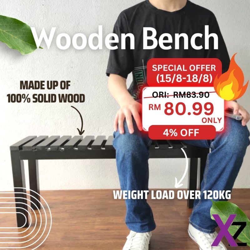 Wooden Bench 100% Solid Rubberwood Bench Chair Waterproof Indoor ...