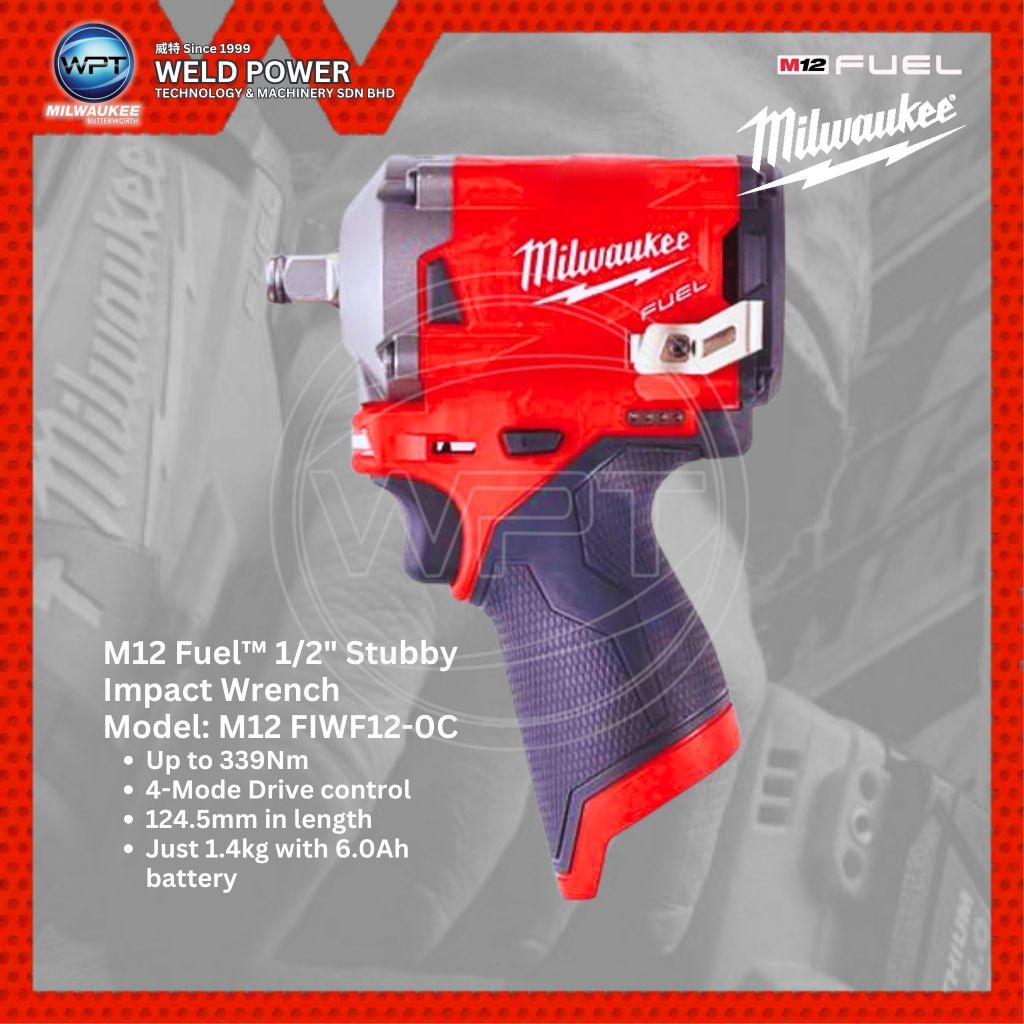 Milwaukee M12 Fuel™ 1/2" Stubby Impact Wrench (Model: M12 FIWF12-0C ...