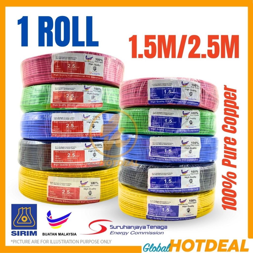 SIRIM 1 ROLL 1.5mm / 2.5mm PVC Insulated Cable 100 METER Pure Copper Cable Wiring Copper Buatan ...
