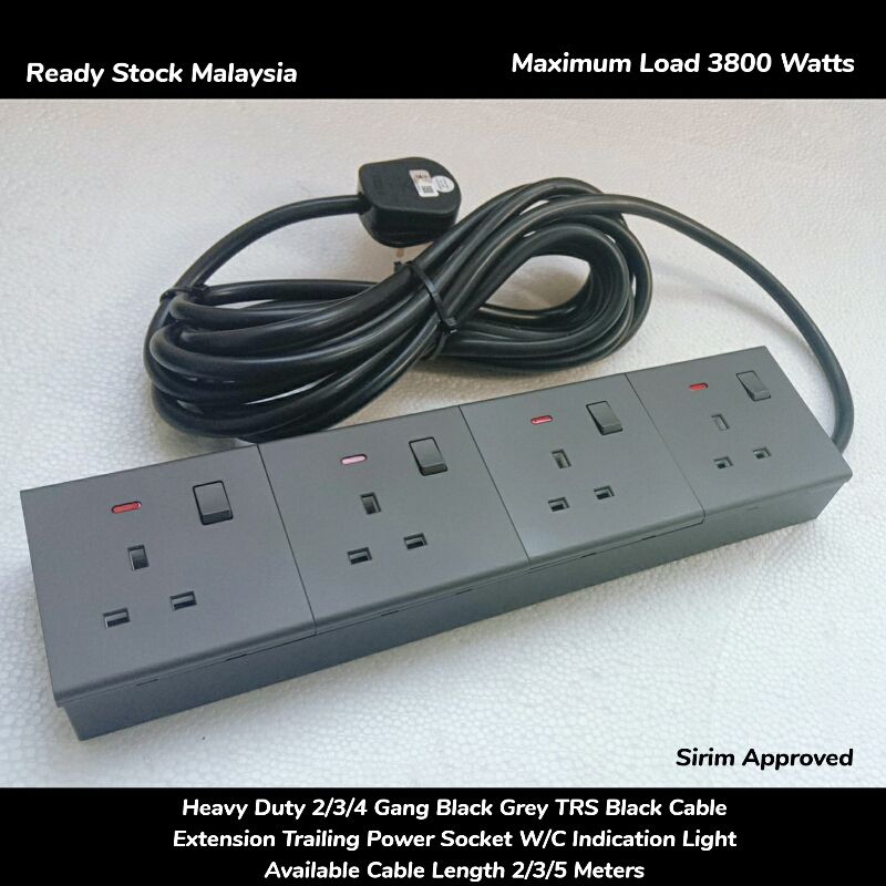 Heavy Duty 2/3/4 Gang Black Grey TRS Black Cable Extension Trailing ...
