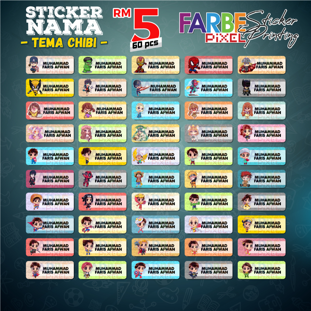 [60 pcs] STICKER NAMA DESIGN KARTUN / CARTOON STICKER UNTUK LABEL ...