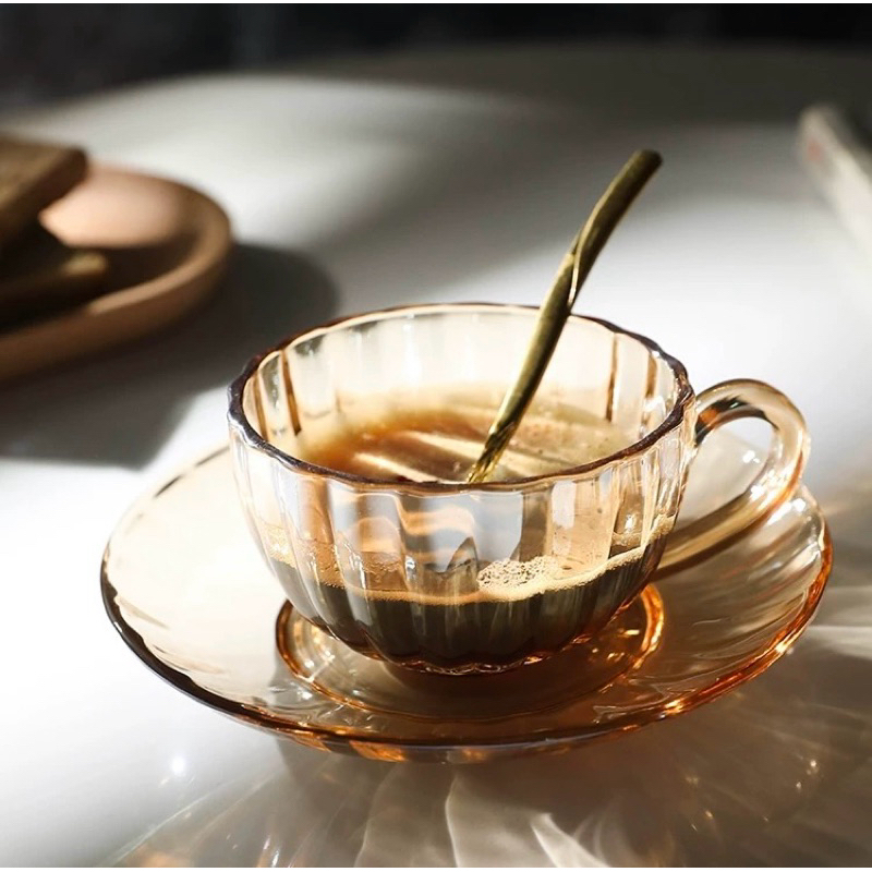 Set Cawan Piring(1 cawan + 1 piring)Retro Pumpkin Glass Cup Saucer Set ...