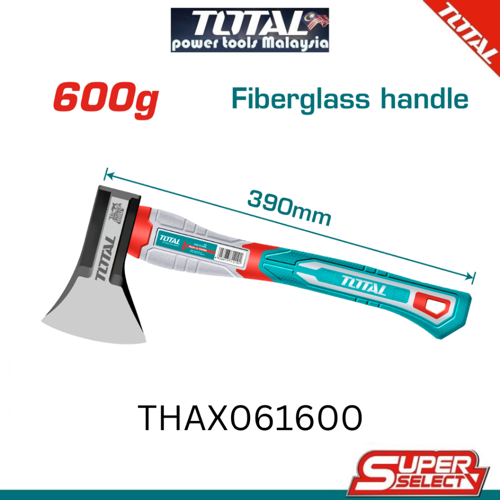 TOTAL Axe (600g, 390mm Long), Fibreglass Handle with comfortable gripe ...