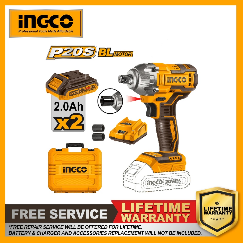 INGCO 20V 400Nm Cordless impact wrench with batteries and charger ...