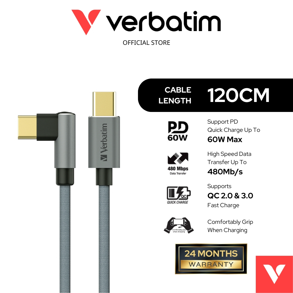 Verbatim 120cm L-Shaped Type-C Cable (PD60W & 480Mbps) (USB to Type C ... Verbatim 120cm L-Shaped Type-C Cable (PD60W & 480Mbps) (USB to Type C ...