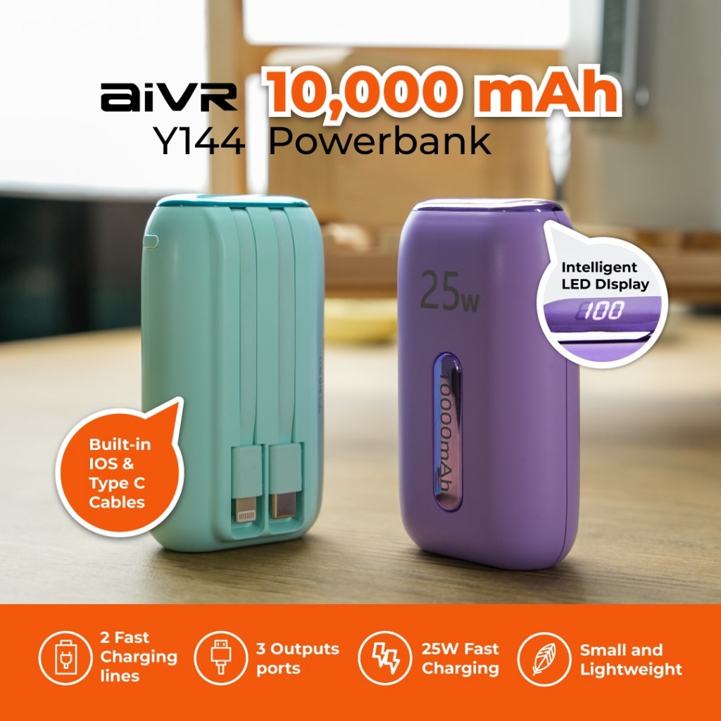 AIVR Y144 Mini 10,000mAh PowerBank 25W with Built-In Lightning and Type-C Dual Cable | Shopee ...