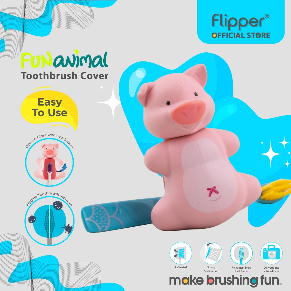 Flipper FUN ANIMAL PIGGY Kids Toothbrush and Toothbrush Holder Easily ...