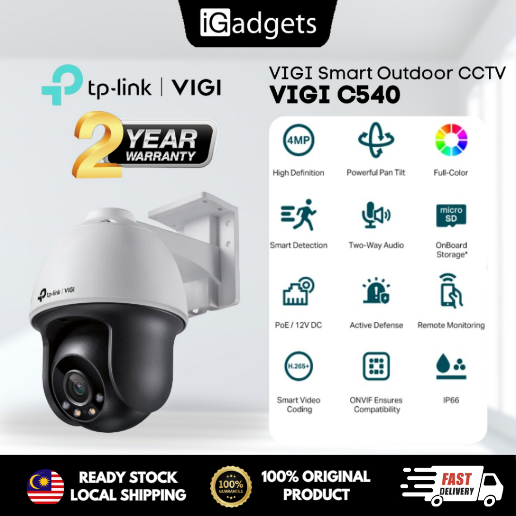 TP-Link VIGI C540 / C540-W Outdoor CCTV 4MP AI Full-Color Pan Tilt IP ...