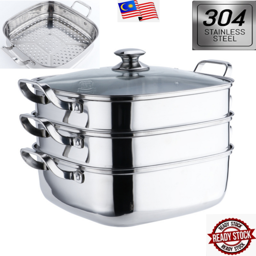 304 Stainless Steel 3Tiers Steamer 30*30cm Square Cookware Pot ...