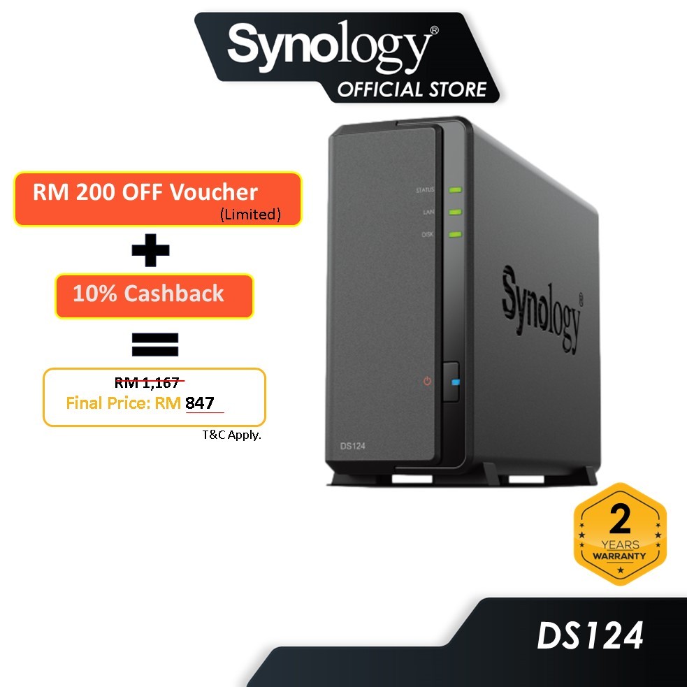 Synology DS124/ DS120j NAS DiskStation 1-Bay NAS 2-Core Processor Ideal Data Backup Storage ...