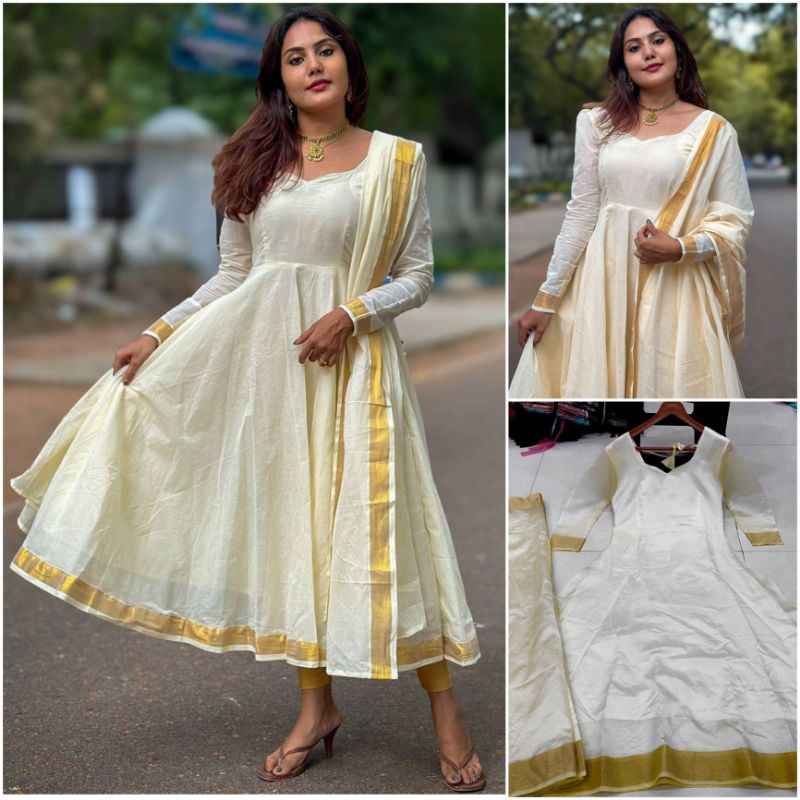 (S To 5Xl ) Girls Off White Anarkali For Onam / Long Gown / Baju kurti ...