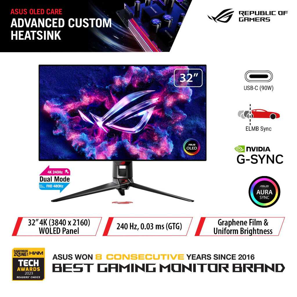 ASUS ROG Swift OLED PG32UCDP gaming monitor – 31.5" OLED, dual mode (4K 240Hz & FHD 480Hz), 0.03 ...