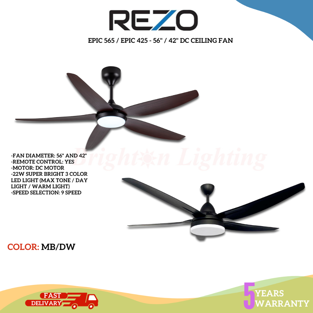 REZO EPIC 565 / EPIC 425 - 56" / 42" 9 Speed Turbo DC Ceiling Fan With ...