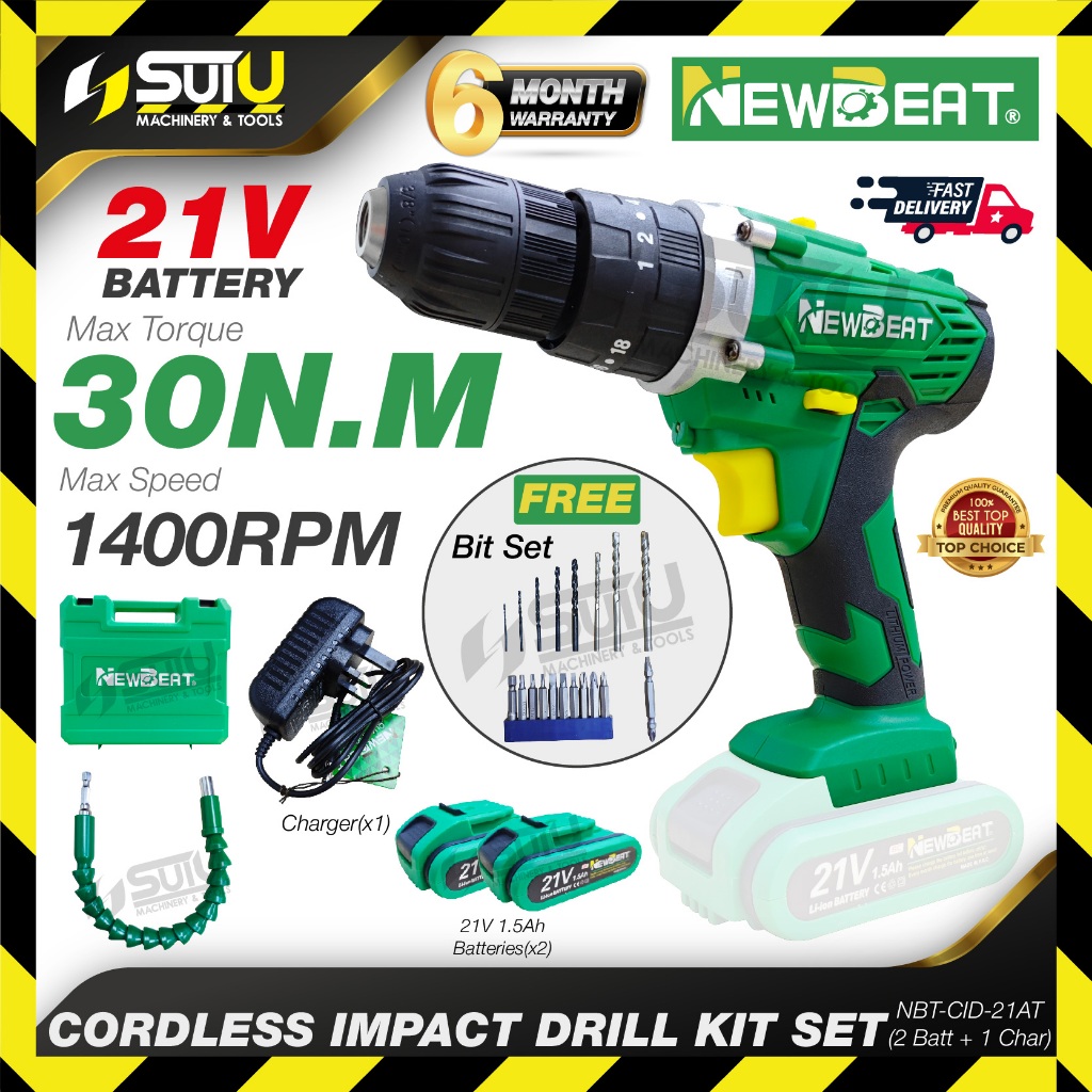 NEWBEAT NBT-CID-21AT / NBTCID21AT 21V 30NM Cordless Impact Drill Kit Set w/ 2 x Batteries 1.5Ah ...