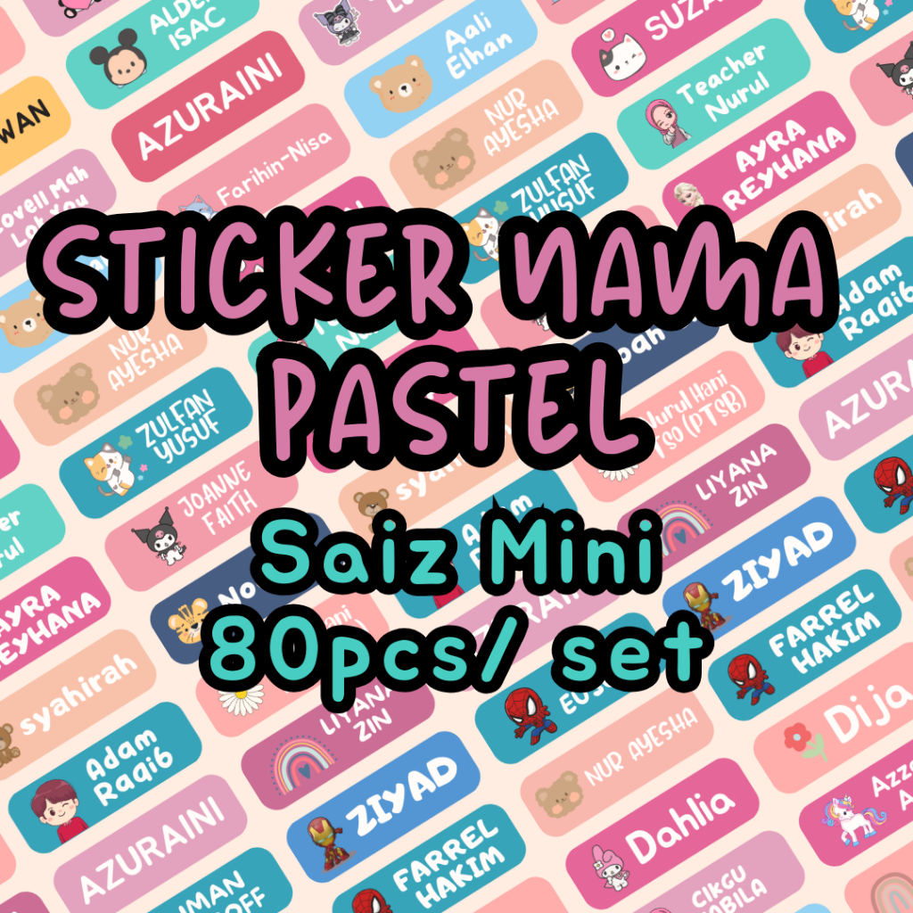 Sticker Nama Custom Pastel Color Saiz Mini 40pcs/ 80pcs/ set Customize ...