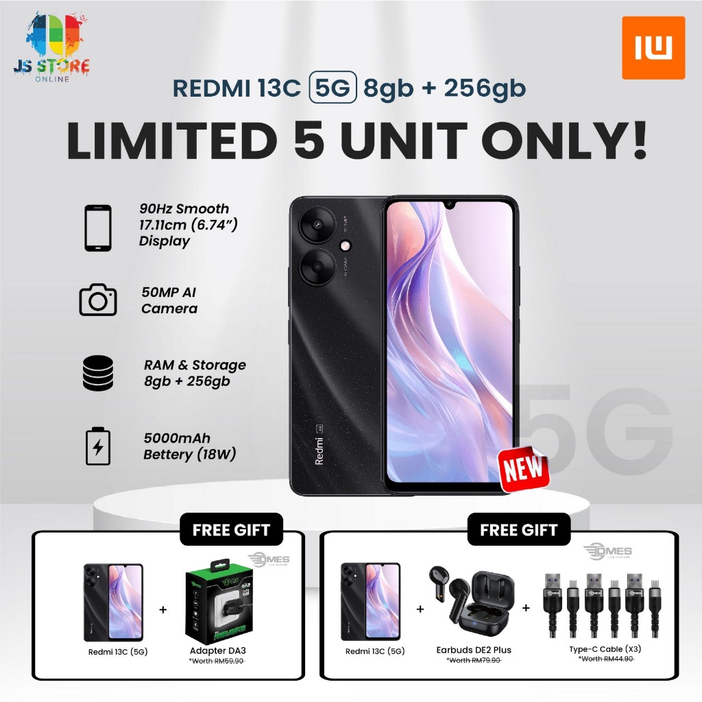 🔥READY STOCK🔥 REDMI 13C 5G STARRY BLACK 8GB RAM 256GB ROM 6.74'' SCREEN ...