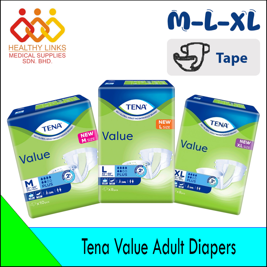 [Fast Delivery] Tena Value Tape Adult Diapers M 81-112cm (1 Pack) - M10, L8, XL8 | Shopee Malaysia