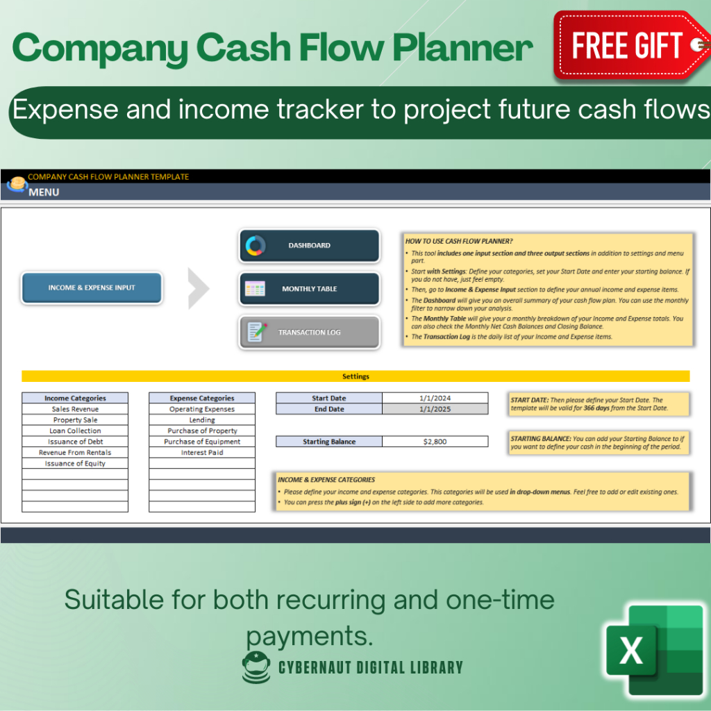 Excel Template - Company Cash Flow Planner Template Excel (Free 12-in-1 Bundle Excel Course ...