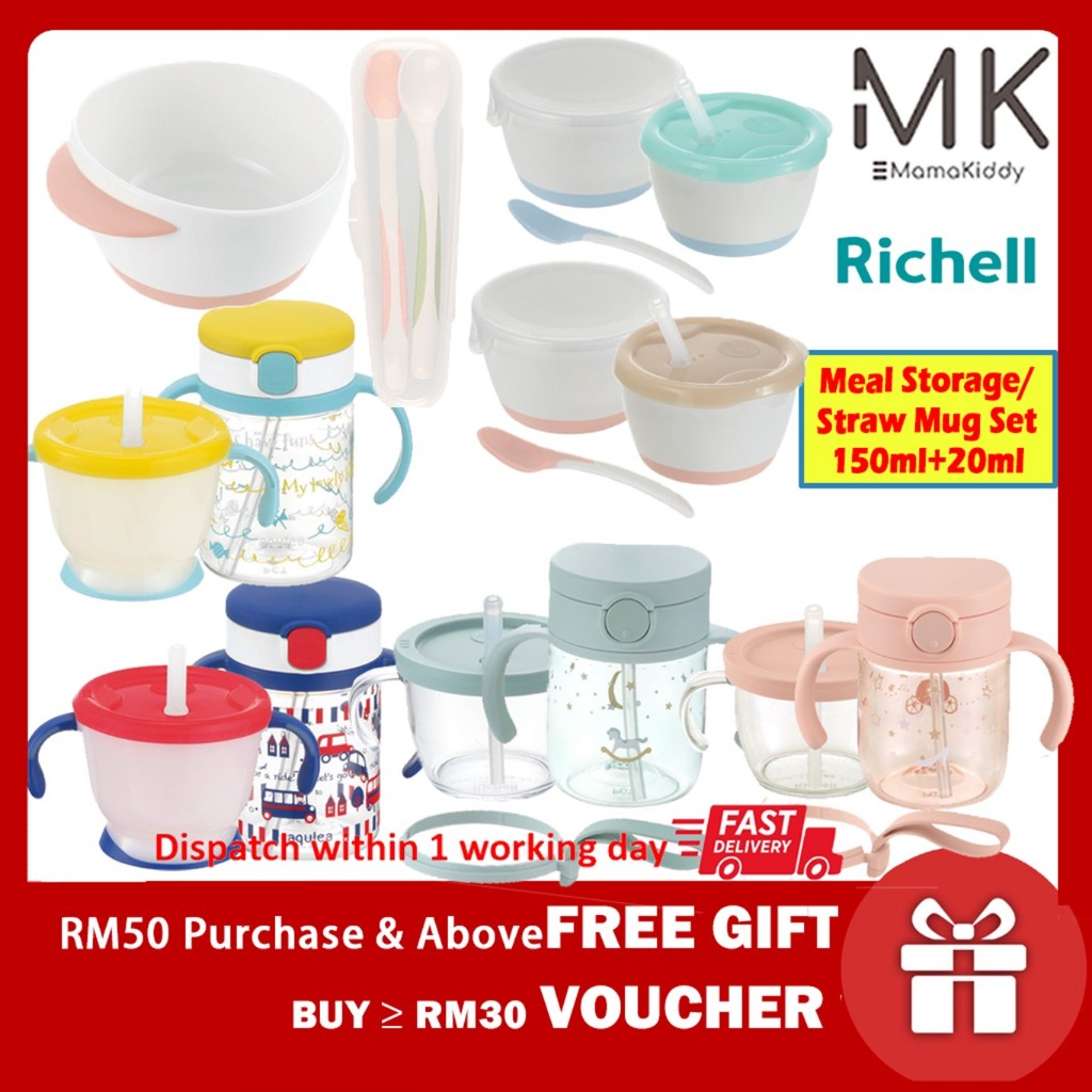 Richell AQ Clear Straw Bottle Mug Set / TLI Bowl / Spoon Set Navy Blue ...