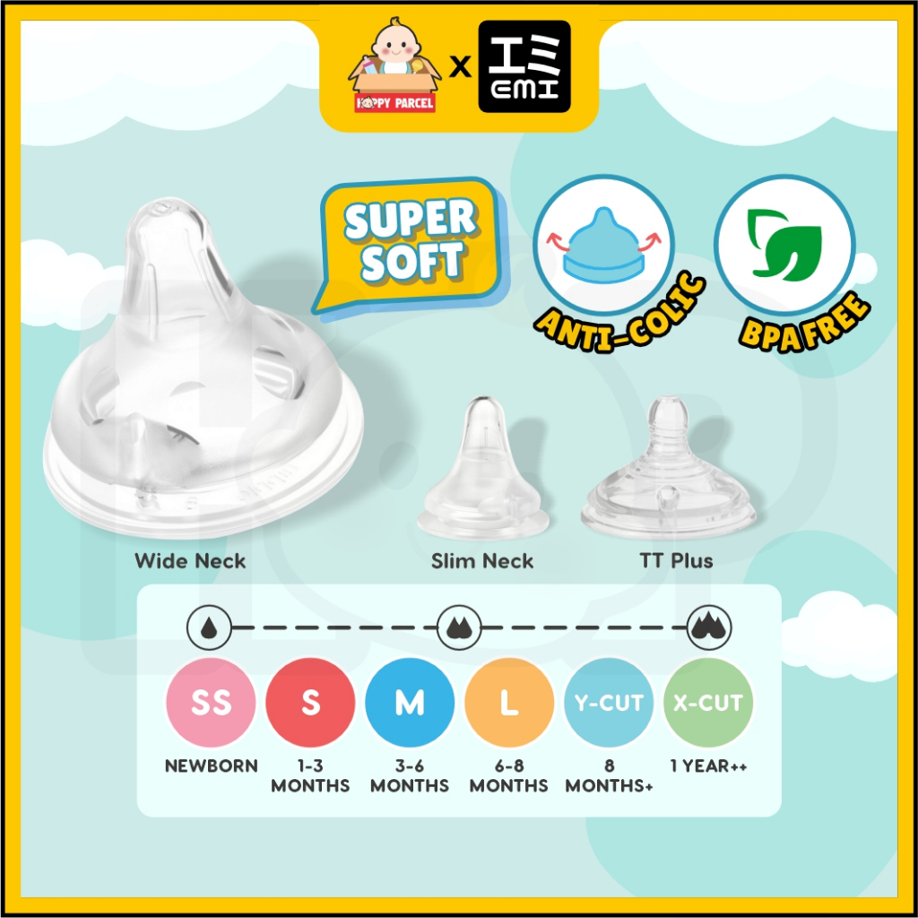 【3 Teat】 EMI Teat Nipple Puting Baby for Wide Neck Bottle BPA Free ...