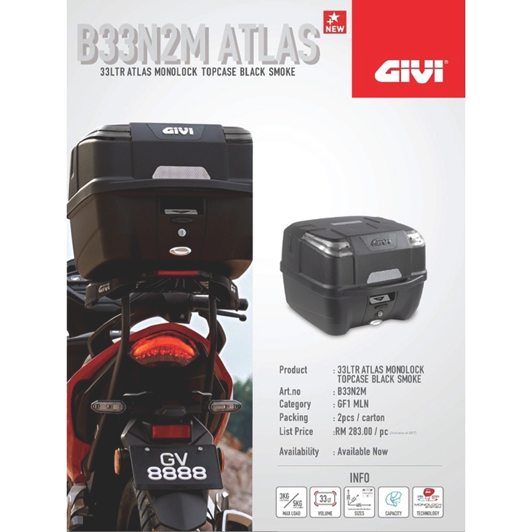 GIVI ATLAS MONOLOCK TOPCASE BLACK B33N2M BOX / Givi Atlas B33 N2M 33Litre Box / Kotak Givi ...