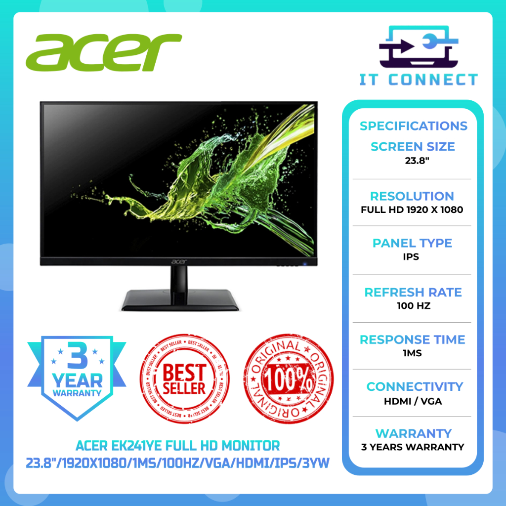 ACER EK241YE MONITOR 23.8" / 1920X1080 / 1MS / 100HZ / VGA / HD MI ...