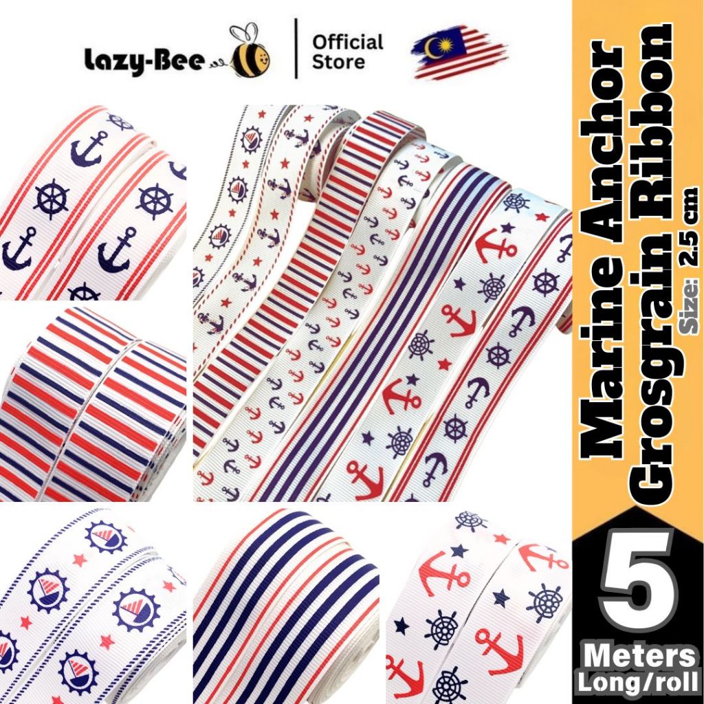 SAILOR ANCHOR MARINE Grosgrain Ribbon 25mm 5 meter DIY Craft Bow knot ...