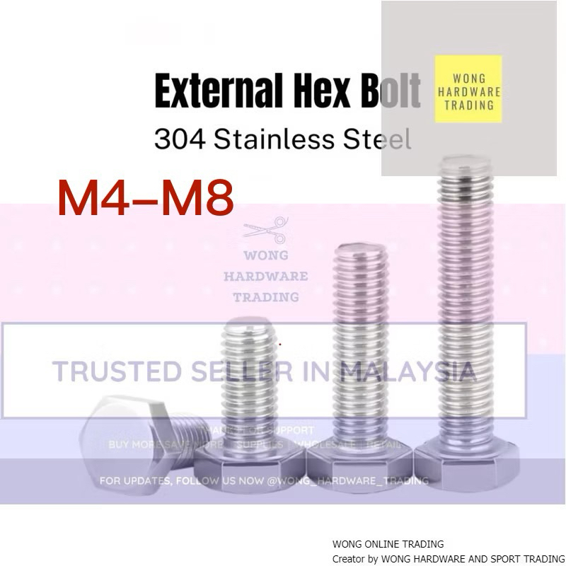 M3-M8 Hex Bolt 304 Stainless Steel DIN933 Screw Skru Spanner Hexagon ...