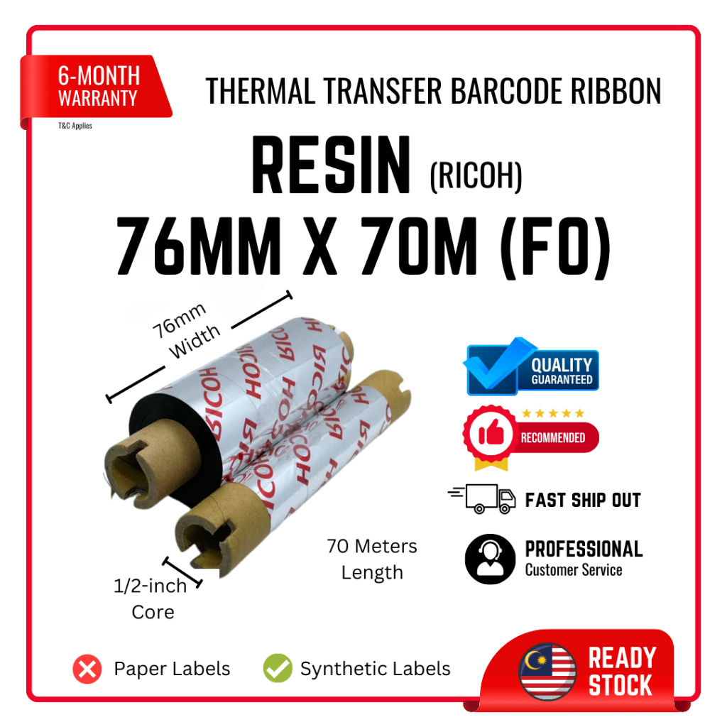 Resin 76MM x 70M (FO) RICOH RESIN RC Thermal Transfer Ribbon/Barcode ...