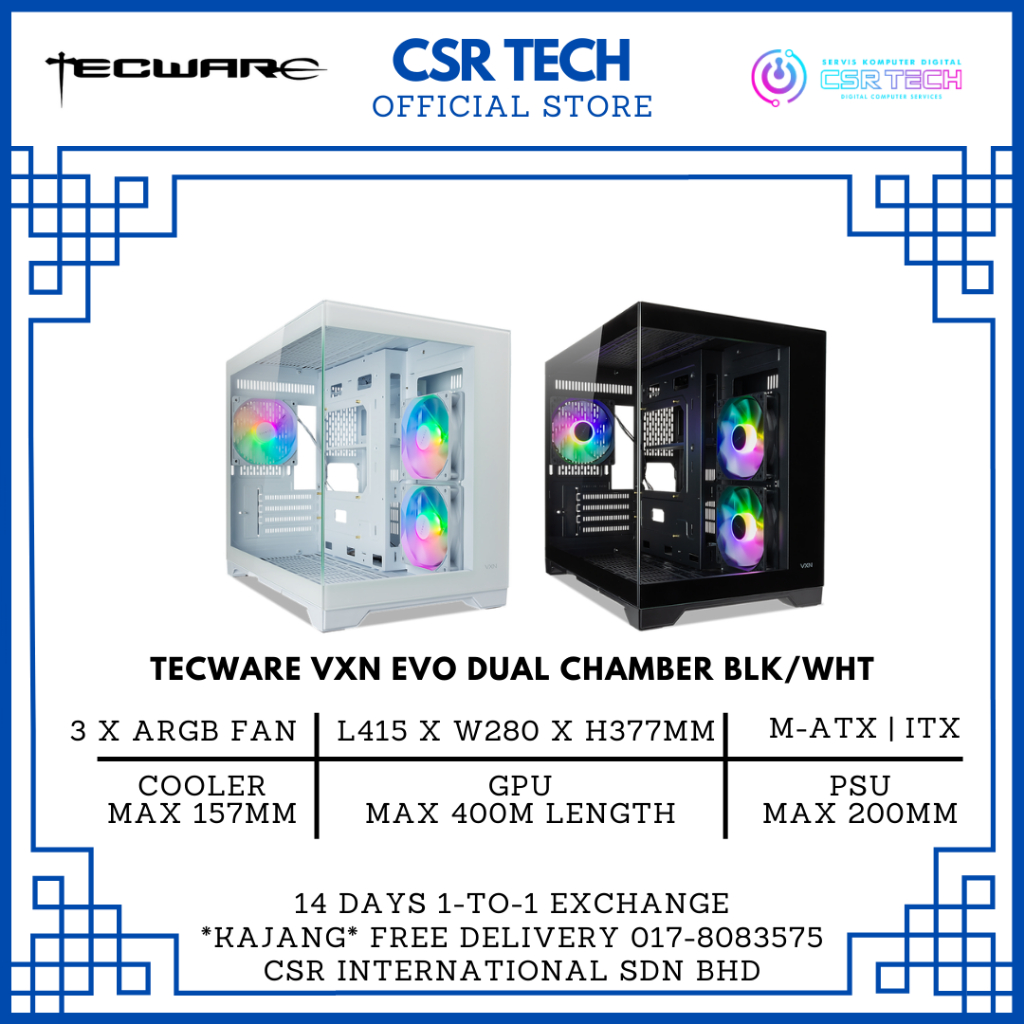 TECWARE VXN EVO DUAL CHAMBER ARGB M-ATX CASING WHITE / BLACK WITH PRE ...