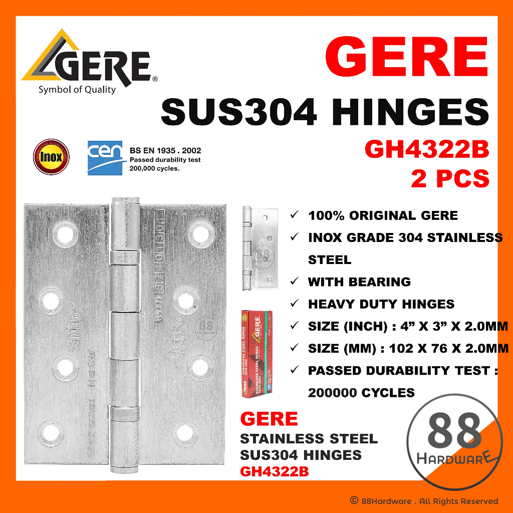 【2-PCS】Gere GH4322B Stainless Steel Door Hinges / door hinge / engsel ...