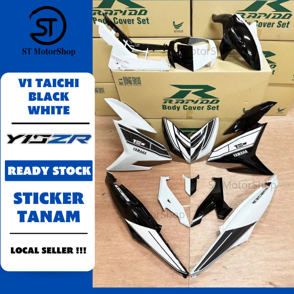YAMAHA Y15 Y15ZR V1/V2 TAICHI BLACK WHITE COVER SET (STICKER TANAM) RAPIDO NEW ACCESSORY ...