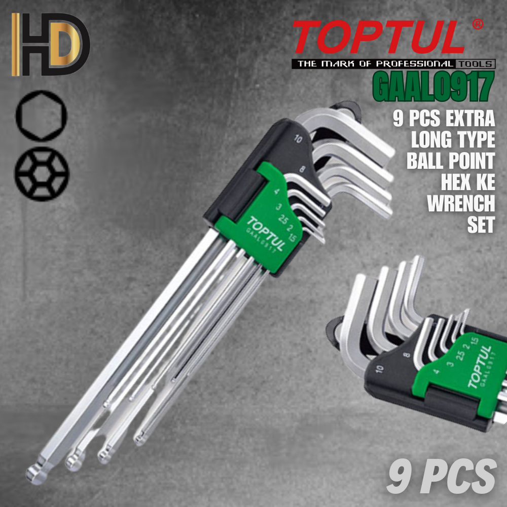TOPTUL 9 Pcs Extra Long Type Ball Point Hex Key Wrench Set / Heavy Duty ...