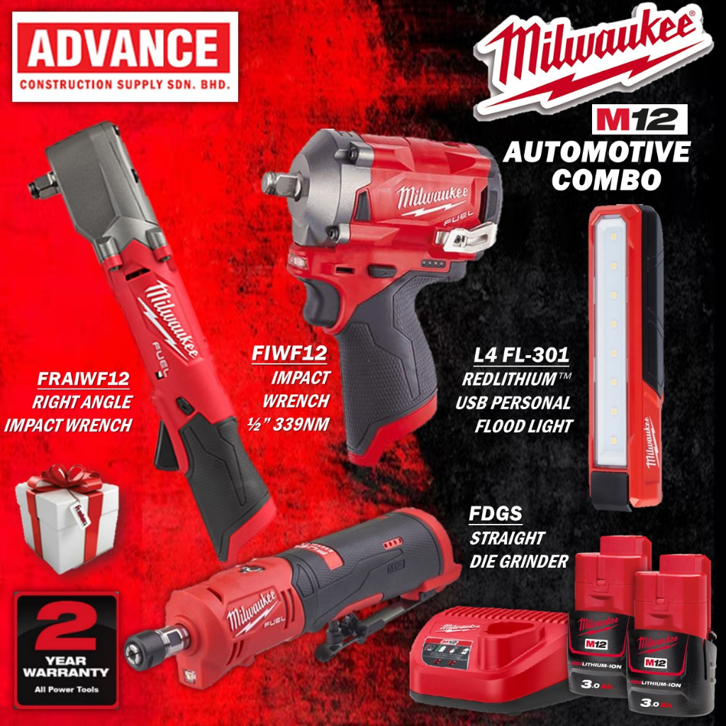 MILWAUKEE M12 Automotive Combo ( FIWF12 Impact Wrench / FRAIWF12 Right ...