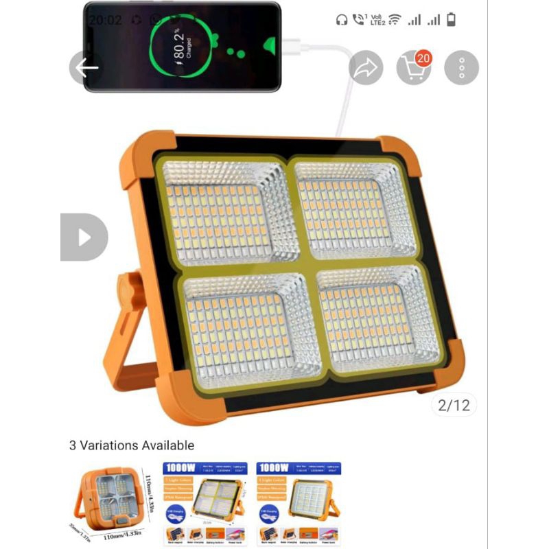 5000W Portable Solar Flood Light LED Camping Tent Light Rechargeable ...
