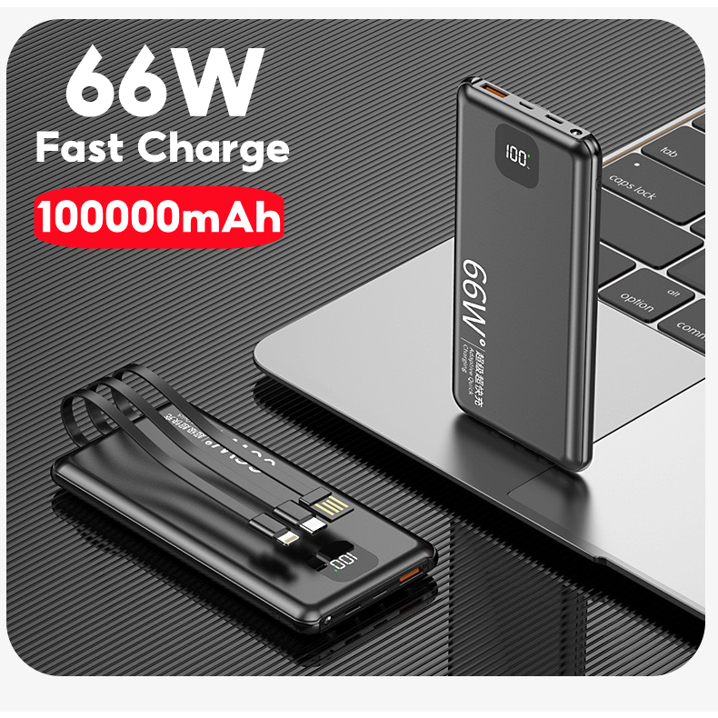 Powerbank 100000mAh 66W Super Fast Charge With 3 Cable Power Bank LED ...