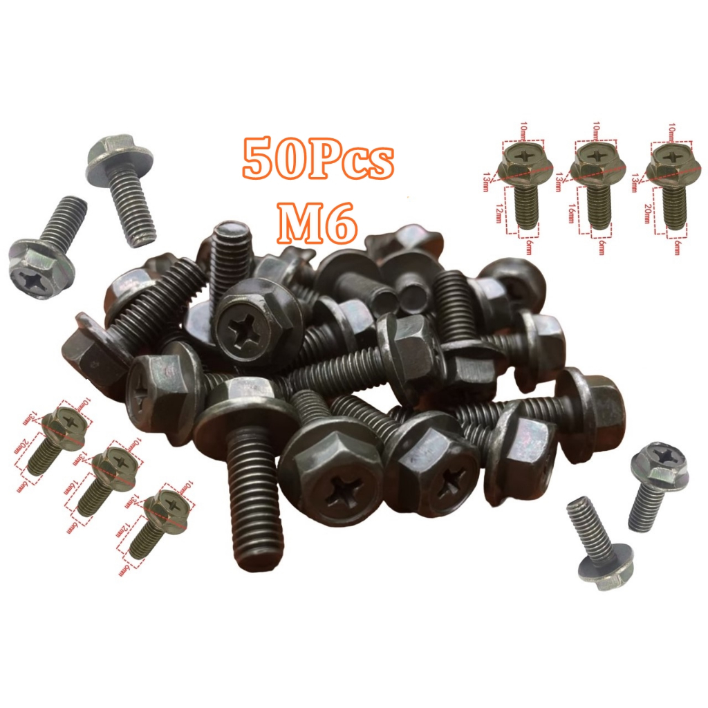 50Pcs M6 Screws Bolt Hex Cap Washer Size 10 Skru Bolt Hex Flange ...