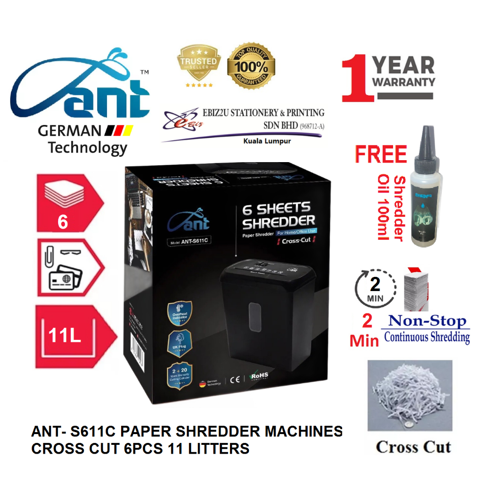 ANT-S611C PAPER SHREDDER MACHINES CROSS CUT 4 X 400mm 6PCS 11 LITTERS MESIN PERINCIH | Shopee ...