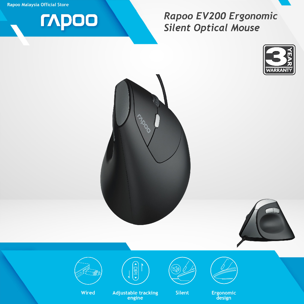Rapoo EV200 Ergonomic Office Vertical Wired 1600 DPI Optical Mouse - 3 ...