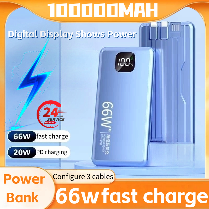 Power bank 100000mAh 66W Super Fast Charge With 3 Cable PowerBank LED ...
