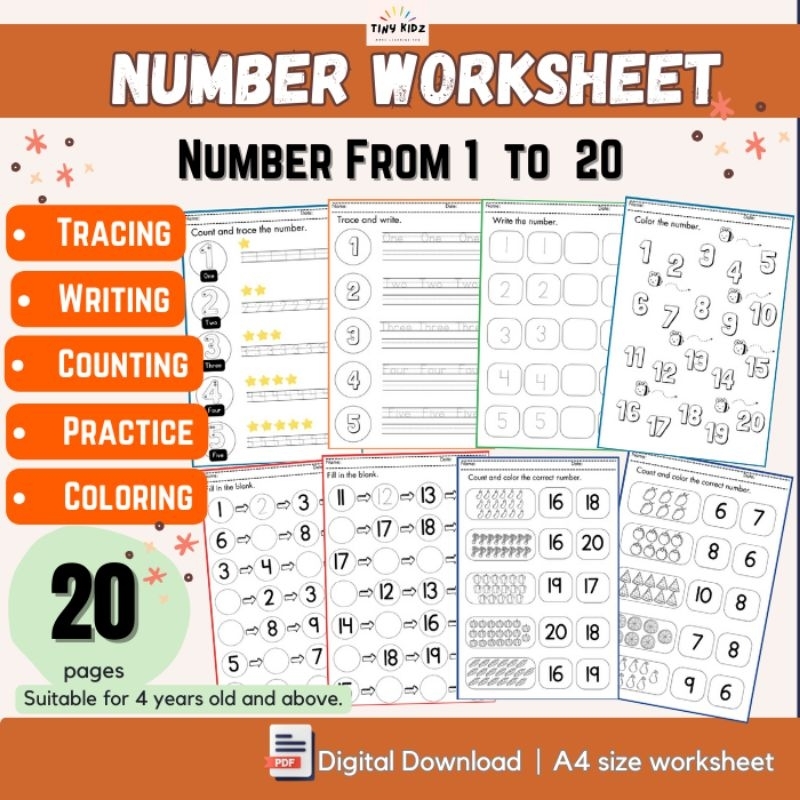 W005- PDF Digital Printable Number from 1 to 20 Activities Worksheet ...