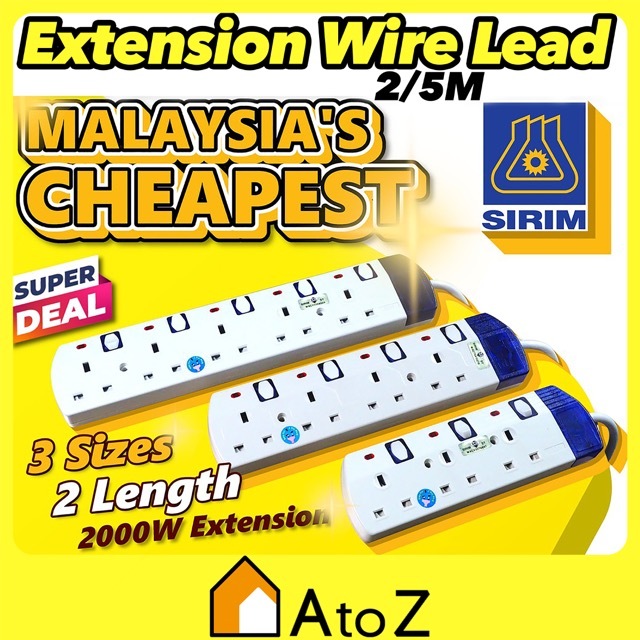 [sirim ]extension Wire Leads 2m 5m Extension Socket Multiple Plug Adaptor Trailing Easy 2 Pin