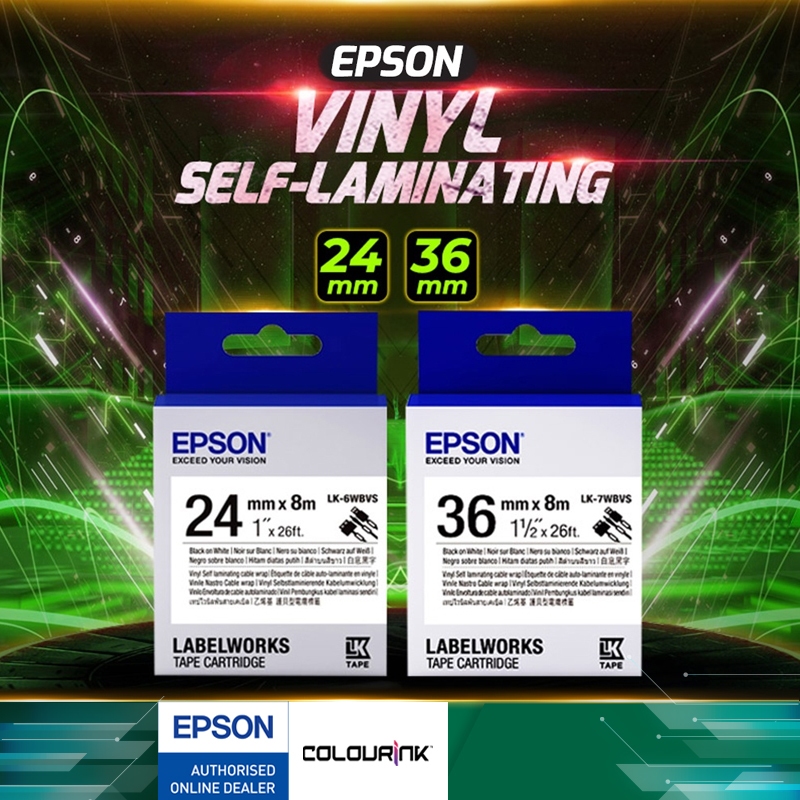 EPSON Original 24mm 36mm Vinyl Self Lami Wrap Tape 6WBVS 7WBVS Black on ...
