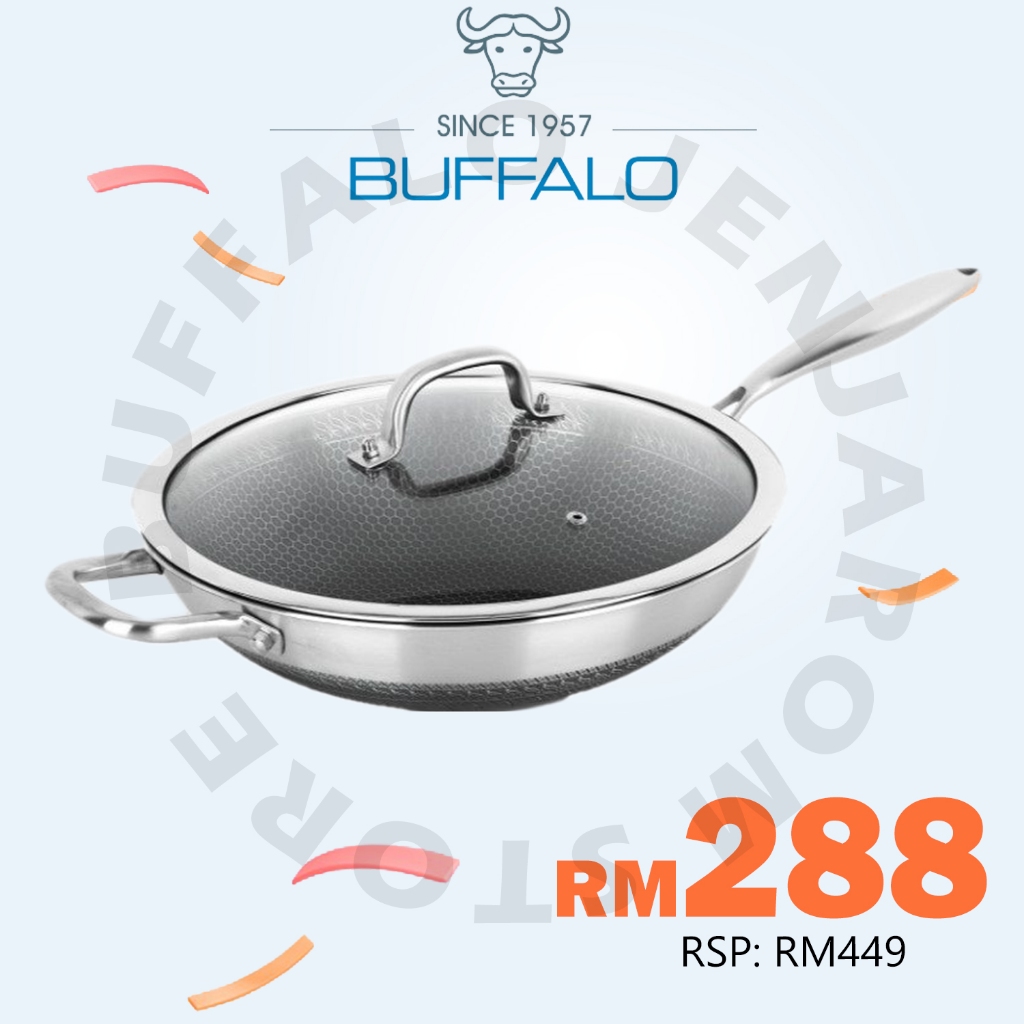 BUFFALO TOROS 32cm Stainless Steel 304 Honey Comb Wok (Long Handle) 牛头牌长柄32cm平底蜂巢锅不粘锅304不锈钢 ...