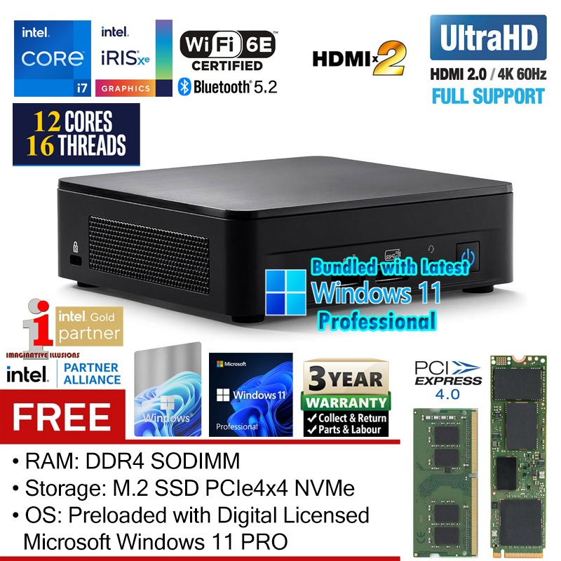 Intel NUC12WSKi7 L10 Core i7 12-Core Mini PC / Intel NUC + Windows 11 ...