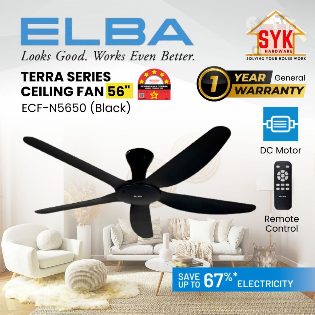 SYK Elba Ceiling Fan With Light DC Motor ECF-N5650 N6030 N5652L 5 Blade 60 Inch Kipas Siling ...