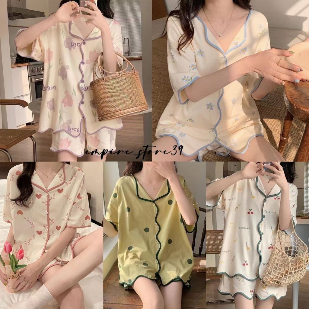 Ready Stock Set Baju Pajamas Womens Summer Sweet Cute Cardigan Loose