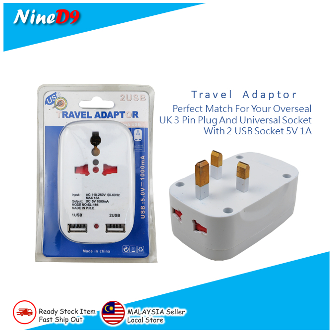 UK 3 Pin Multi Adaptor With 2 USB Socket 5V 1000ma | Shopee Malaysia